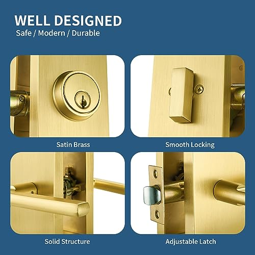 SNBTLA Satin-Brass Front Door Handle - Modern Entry Door Lock Set with Deadbolt,Exterior Door Lever 3 Keys for Left & Right Hand Door (Satin Brass)