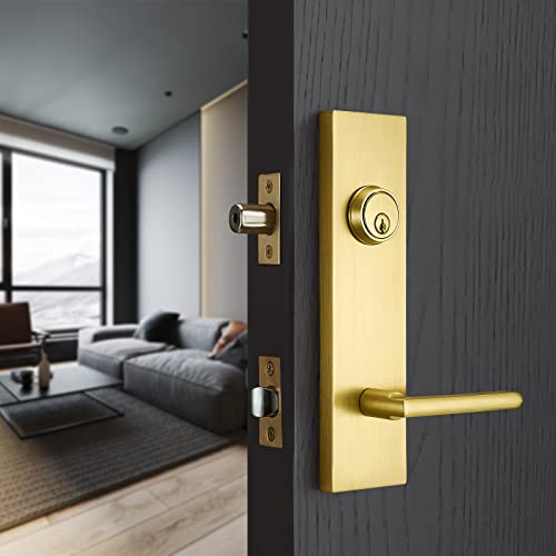 SNBTLA Satin-Brass Front Door Handle - Modern Entry Door Lock Set with Deadbolt,Exterior Door Lever 3 Keys for Left & Right Hand Door (Satin Brass)