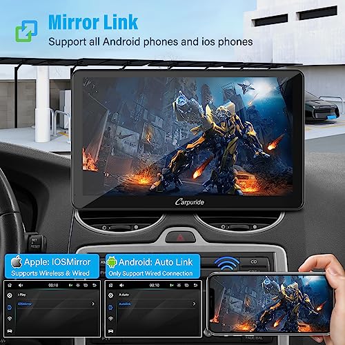 Carpuride Portable Apple Carplay Wireless Car Stereo with Light Sensing - 10.1 Inch IPS Touch Screen Car Radio Receiver with Android Auto, Mirror Link, Bluetooth, Voice Control, AUX, FM, GPS