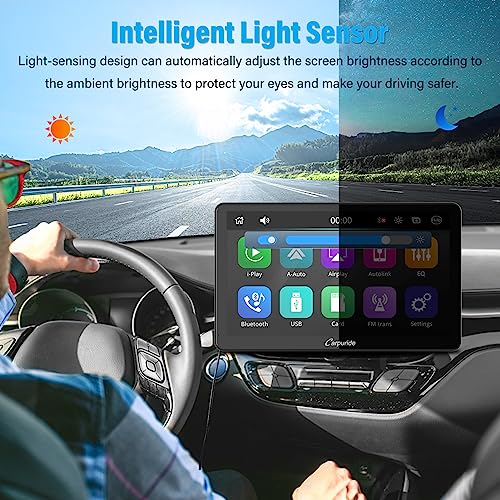 Carpuride Portable Apple Carplay Wireless Car Stereo with Light Sensing - 10.1 Inch IPS Touch Screen Car Radio Receiver with Android Auto, Mirror Link, Bluetooth, Voice Control, AUX, FM, GPS