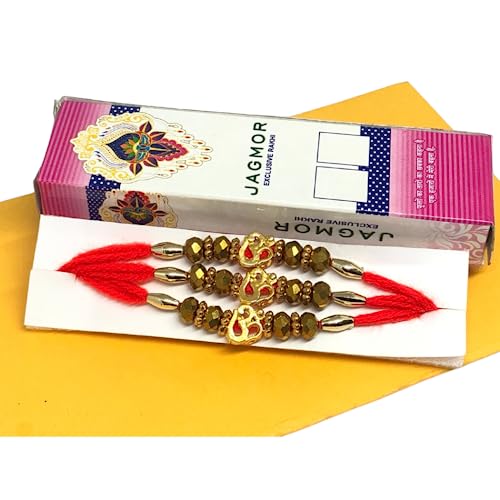 JAGMOR Set of 3 Assorted Colour Rakhi for Brothers Traditional Handmade Rakhi Set, Indian Festive Rakshabandhan Bro Bracelet Thread Rakhee Gift Set