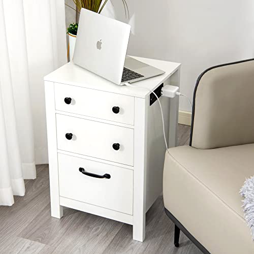 Nightstand with Charging Station, End Table, Side Table with 3 Storage Drawers for Small Space, Flip Top Bedside Table with USB Ports and Outlets for Bedroom, Living Room, Easy Assembly, White