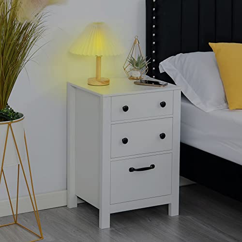 Nightstand with Charging Station, End Table, Side Table with 3 Storage Drawers for Small Space, Flip Top Bedside Table with USB Ports and Outlets for Bedroom, Living Room, Easy Assembly, White