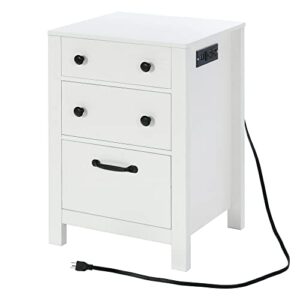 Nightstand with Charging Station, End Table, Side Table with 3 Storage Drawers for Small Space, Flip Top Bedside Table with USB Ports and Outlets for Bedroom, Living Room, Easy Assembly, White