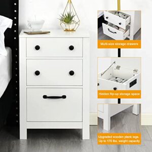 Nightstand with Charging Station, End Table, Side Table with 3 Storage Drawers for Small Space, Flip Top Bedside Table with USB Ports and Outlets for Bedroom, Living Room, Easy Assembly, White