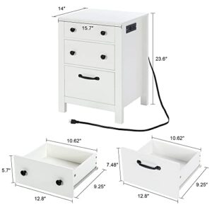 Nightstand with Charging Station, End Table, Side Table with 3 Storage Drawers for Small Space, Flip Top Bedside Table with USB Ports and Outlets for Bedroom, Living Room, Easy Assembly, White