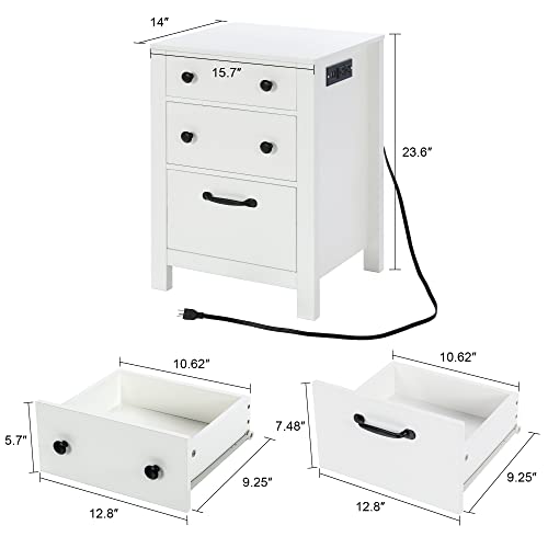 Nightstand with Charging Station, End Table, Side Table with 3 Storage Drawers for Small Space, Flip Top Bedside Table with USB Ports and Outlets for Bedroom, Living Room, Easy Assembly, White