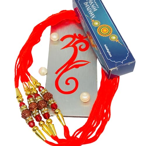 TheNext7 Pack of 4 Rakhi Set for Brother and Sister, Indian Rakhi, Rudraksh with Golden Rings and Pink Beads Rakhi