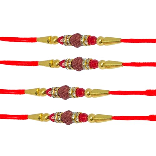 TheNext7 Pack of 4 Rakhi Set for Brother and Sister, Indian Rakhi, Rudraksh with Golden Rings and Pink Beads Rakhi