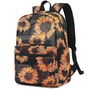 xunteny sunflower mesh backpack for girls women, semi-transparent kids school backpack college bookbag casual daypacks for beach gym travel (black)