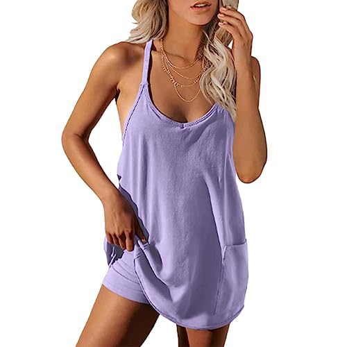 UNIANKIYA Womens Tennis Dress Workout Mini Dress with Built-in Romper Sleeveless Spaghetti Straps Athletic Golf Dress Purple