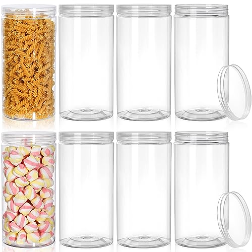 Pumtus 8 Pack Clear Plastic Jars, 46 OZ Empty Candy Storage Jars, Reusable PET Mason Jar with Screw on Lids, Large Round Dry Food Container for Household and Kitchen Organizing, Nuts, Noodles, Spices