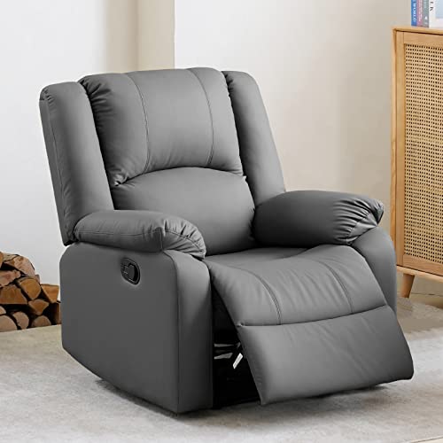 COOSLEEP Genuine Leather Recliner Chair with Overstuffed Arm and Back,Soft Living Room Chair Home Theater Lounge Seat,Manual Reclining Chairs for Adults (Dark Grey)