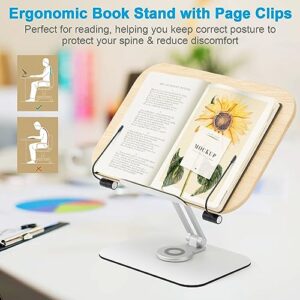 Book Stand for Reading, 360° Rotate Height & Angle Adjustable Ergonomic Reading Stand with Page Clips, Reliable Aluminum Alloy Book Holder for Textbook, Recipe, Cook Book, Music Sheet, Tablet