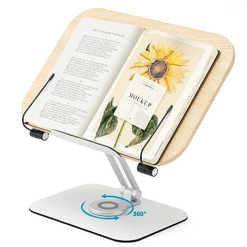 Book Stand for Reading, 360° Rotate Height & Angle Adjustable Ergonomic Reading Stand with Page Clips, Reliable Aluminum Alloy Book Holder for Textbook, Recipe, Cook Book, Music Sheet, Tablet