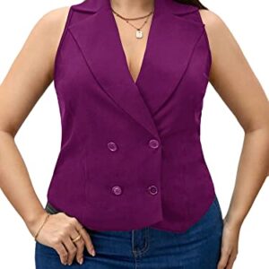 Floerns Women's Plus Size Lapel Collar Sleeveless Button Front Vest Blazer Purple 1XL