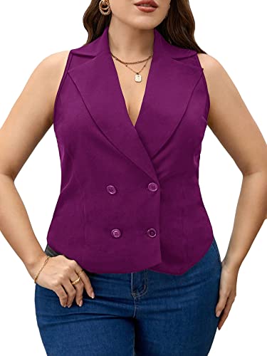 Floerns Women's Plus Size Lapel Collar Sleeveless Button Front Vest Blazer Purple 1XL