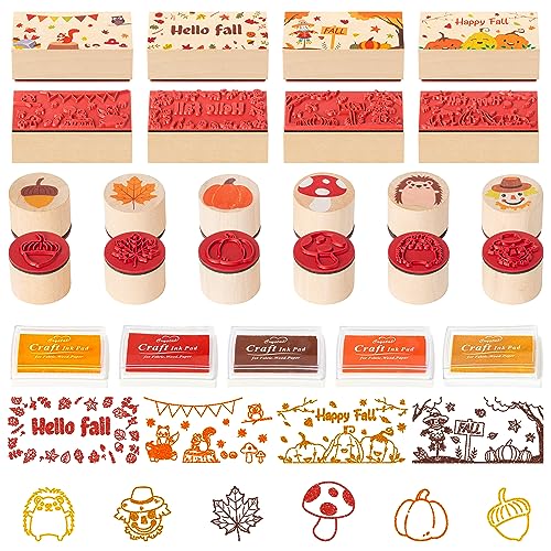 CUweipeng 15Pcs Fall Wooden Rubber Stapms Autumn DIY Craft Card Stamps Pad Pumpkin Rubber Stamps Ink Pads Set for Kids Autumn Party Gift Favor Birthday Gift Classroom Card Scrapbooking Making Supplies