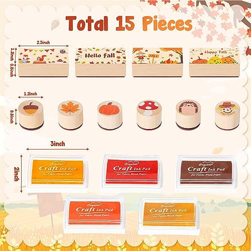 CUweipeng 15Pcs Fall Wooden Rubber Stapms Autumn DIY Craft Card Stamps Pad Pumpkin Rubber Stamps Ink Pads Set for Kids Autumn Party Gift Favor Birthday Gift Classroom Card Scrapbooking Making Supplies