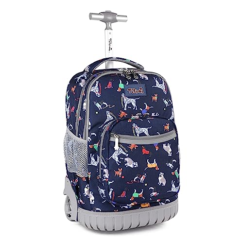 Tilami Rolling Backpack, 18 inch Shoulder Drop, Concealed Pockets and Wheel Cover, Roller Backpack for Boys and Girls (Dog Blue)