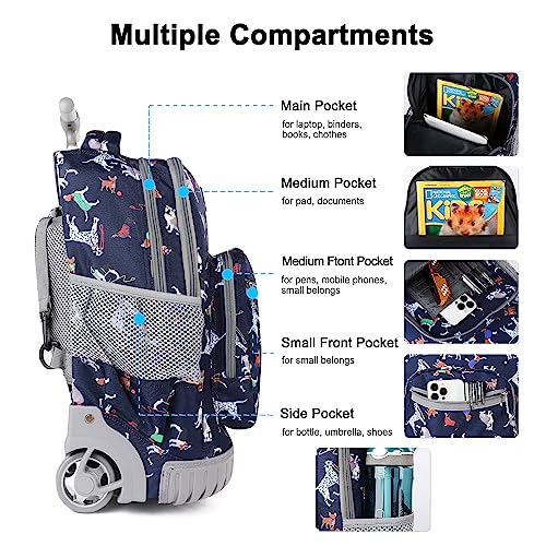 Tilami Rolling Backpack, 18 inch Shoulder Drop, Concealed Pockets and Wheel Cover, Roller Backpack for Boys and Girls (Dog Blue)