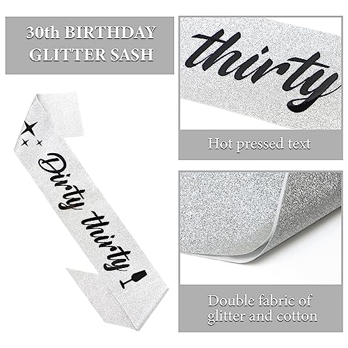 30th Birthday Sash & Rhinestone Dirty 30 Birthday Headband Kit- "Dirty thirty" Birthday Sash Happy 30th Birthday Decorations for Women 30th Birthday Gifts Party Decorations (Silver)