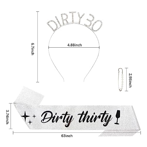 30th Birthday Sash & Rhinestone Dirty 30 Birthday Headband Kit- "Dirty thirty" Birthday Sash Happy 30th Birthday Decorations for Women 30th Birthday Gifts Party Decorations (Silver)