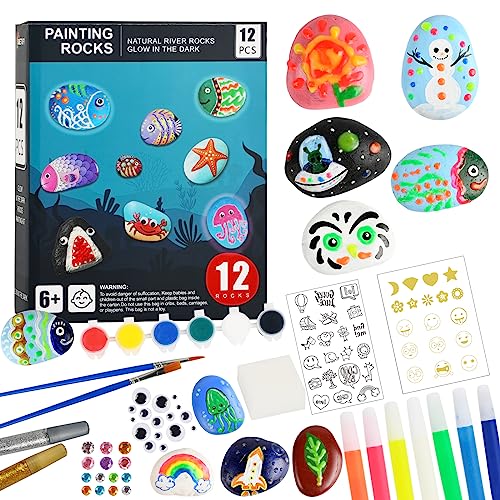 Simetufy 12 Rocks Painting Kit, Glow in The Dark Rocks to Paint, Arts and Crafts for Kids, Smooth Flat Rocks with Art Supplies, Creative Outdoors Activity Kit for Boys Girls, Ages 4-6, 6-8, 8-12+