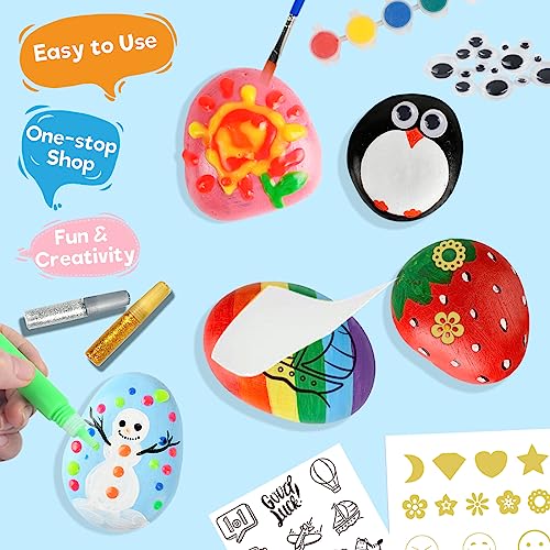 Simetufy 12 Rocks Painting Kit, Glow in The Dark Rocks to Paint, Arts and Crafts for Kids, Smooth Flat Rocks with Art Supplies, Creative Outdoors Activity Kit for Boys Girls, Ages 4-6, 6-8, 8-12+