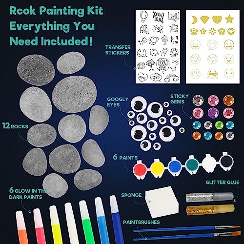 Simetufy 12 Rocks Painting Kit, Glow in The Dark Rocks to Paint, Arts and Crafts for Kids, Smooth Flat Rocks with Art Supplies, Creative Outdoors Activity Kit for Boys Girls, Ages 4-6, 6-8, 8-12+