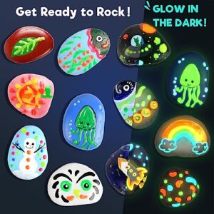 Simetufy 12 Rocks Painting Kit, Glow in The Dark Rocks to Paint, Arts and Crafts for Kids, Smooth Flat Rocks with Art Supplies, Creative Outdoors Activity Kit for Boys Girls, Ages 4-6, 6-8, 8-12+