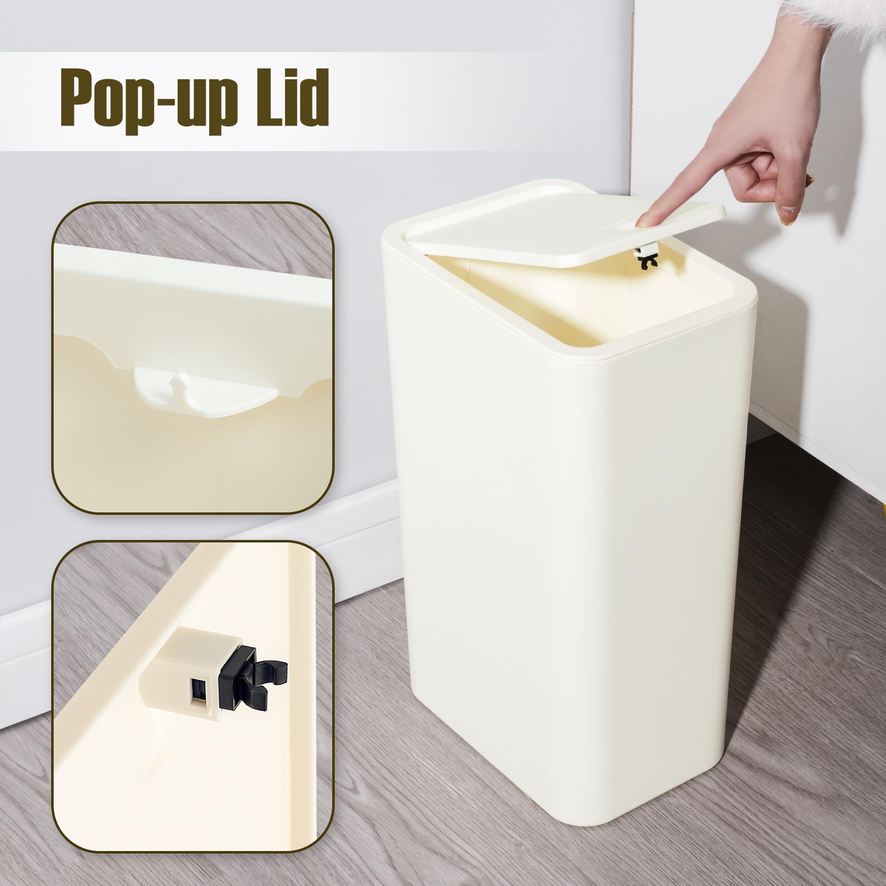 TrashAid Bathroom Trash Can with Lid,2.6 Gallon / 10 Liter Small Garbage Can with Press Top Lid,Plastic Wastebasket with Pop-up Lid for Toilet,Office,Bedroom,Living Room,White (AMZUSIJS01WHT040012)