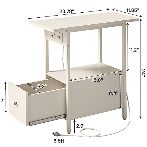 LIDYUK End Table with Charging Station, Narrow Side Table with Drawer and USB Ports & Power Outlets, Nightstand Bedside Tables for Small Spaces, Bedroom, Living Room, White