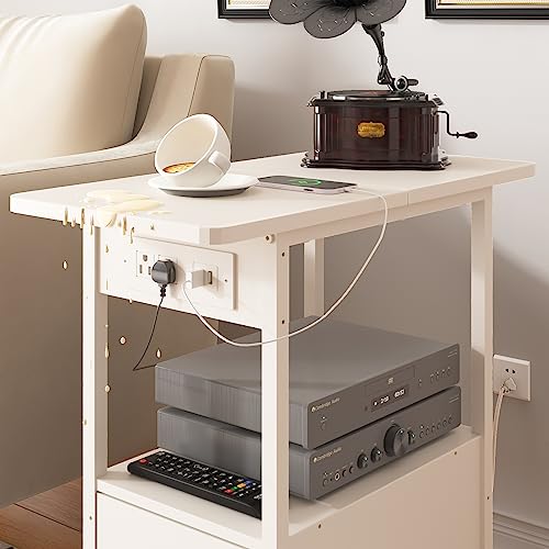 LIDYUK End Table with Charging Station, Narrow Side Table with Drawer and USB Ports & Power Outlets, Nightstand Bedside Tables for Small Spaces, Bedroom, Living Room, White