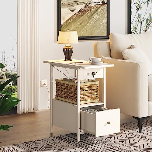 LIDYUK End Table with Charging Station, Narrow Side Table with Drawer and USB Ports & Power Outlets, Nightstand Bedside Tables for Small Spaces, Bedroom, Living Room, White