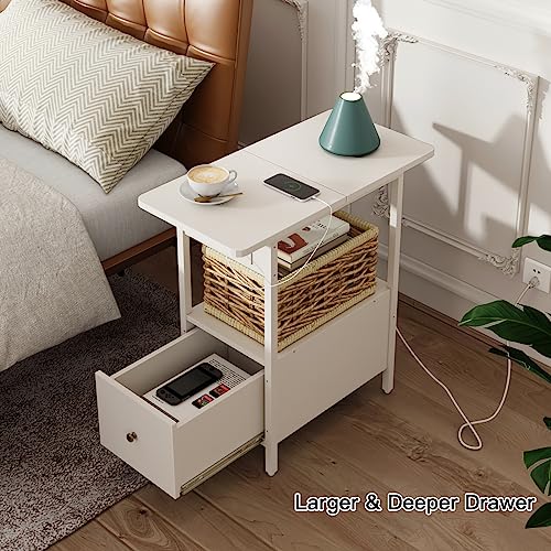 LIDYUK End Table with Charging Station, Narrow Side Table with Drawer and USB Ports & Power Outlets, Nightstand Bedside Tables for Small Spaces, Bedroom, Living Room, White