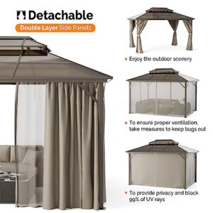 VINGLI 10’ x 13’ Outdoor Hardtop Gazebo Polycarbonate Double Roof Canopy Aluminum Frame Pavilion with Curtains and Netting Patio Gazebo