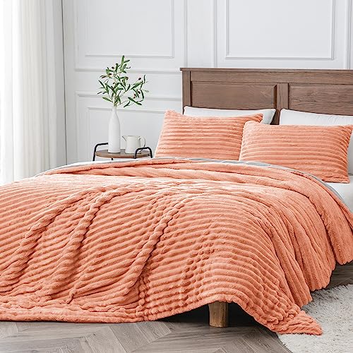 BEDELITE Fleece Queen Comforter Set -Super Soft & Warm Fluffy Coral Bedding, Luxury Fuzzy Heavy Bed Set for Winter with 2 Pillow Cases