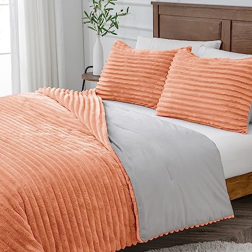 BEDELITE Fleece Queen Comforter Set -Super Soft & Warm Fluffy Coral Bedding, Luxury Fuzzy Heavy Bed Set for Winter with 2 Pillow Cases