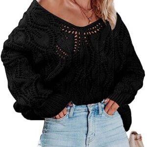 AlvaQ Womens Crochet Sweaters Cute V Neck Long Sleeve Hollow Out Cable Ribbed Knit Pullover Jumper Tops Fall Fashion 2023 Black Large