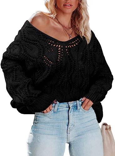 AlvaQ Womens Crochet Sweaters Cute V Neck Long Sleeve Hollow Out Cable Ribbed Knit Pullover Jumper Tops Fall Fashion 2023 Black Large