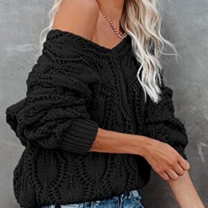 AlvaQ Womens Crochet Sweaters Cute V Neck Long Sleeve Hollow Out Cable Ribbed Knit Pullover Jumper Tops Fall Fashion 2023 Black Large