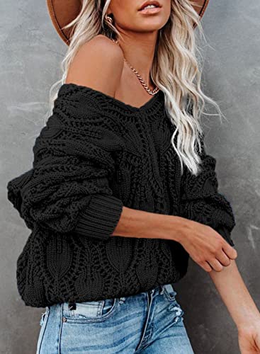 AlvaQ Womens Crochet Sweaters Cute V Neck Long Sleeve Hollow Out Cable Ribbed Knit Pullover Jumper Tops Fall Fashion 2023 Black Large