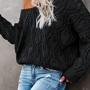 AlvaQ Womens Crochet Sweaters Cute V Neck Long Sleeve Hollow Out Cable Ribbed Knit Pullover Jumper Tops Fall Fashion 2023 Black Large