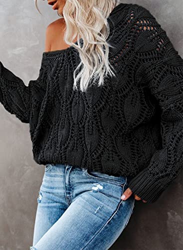 AlvaQ Womens Crochet Sweaters Cute V Neck Long Sleeve Hollow Out Cable Ribbed Knit Pullover Jumper Tops Fall Fashion 2023 Black Large