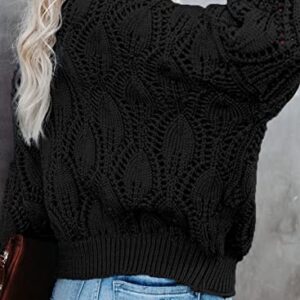 AlvaQ Womens Crochet Sweaters Cute V Neck Long Sleeve Hollow Out Cable Ribbed Knit Pullover Jumper Tops Fall Fashion 2023 Black Large