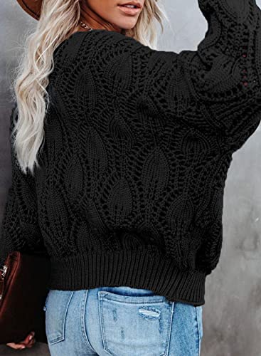 AlvaQ Womens Crochet Sweaters Cute V Neck Long Sleeve Hollow Out Cable Ribbed Knit Pullover Jumper Tops Fall Fashion 2023 Black Large