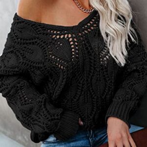 AlvaQ Womens Crochet Sweaters Cute V Neck Long Sleeve Hollow Out Cable Ribbed Knit Pullover Jumper Tops Fall Fashion 2023 Black Large