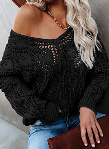 AlvaQ Womens Crochet Sweaters Cute V Neck Long Sleeve Hollow Out Cable Ribbed Knit Pullover Jumper Tops Fall Fashion 2023 Black Large