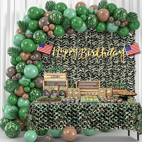 Keleno 133PCS Army Birthday Party Decorations Military Camo Party Supplies Camouflage Netting Balloon Arch Garland Kit Backdrop Tablecloth Flag Banner Hunting Soldier Birthday Decor for Boy Adult Men